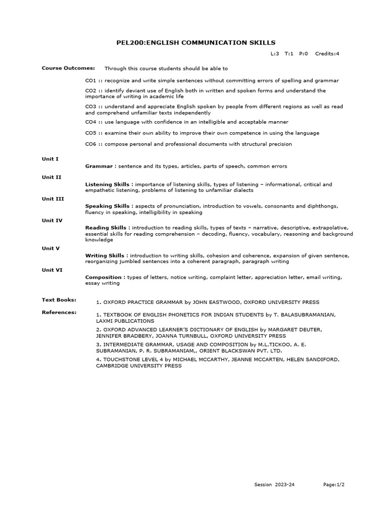 PEL 200 Syllabus | PDF | English Language | Communication