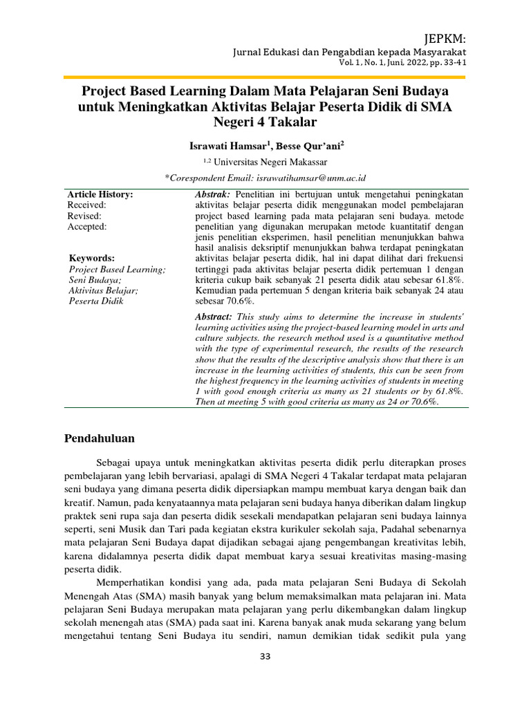 Project Based Learning Dalam Mata Pelajaran Seni Budaya Untuk Meningkatkan Aktivitas Belajar ...