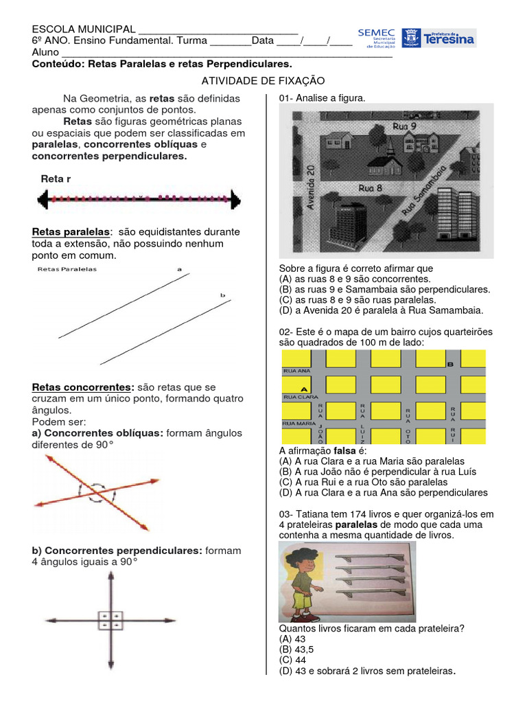 Atividade 6ºano Retas Paralelas | PDF | Linha (Geometria) | Perpendicular