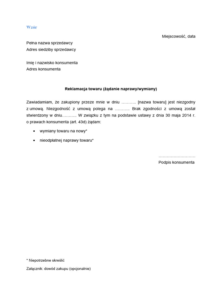 Wzor Reklamacja Towaru-Naprawa Lub Wymiana | PDF