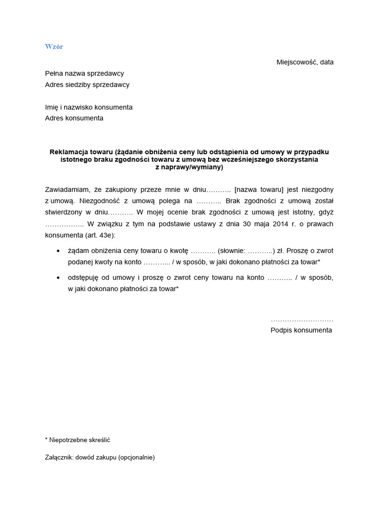 Wzor Reklamacja Towaru-Obnizenie Ceny Lub Odstapienie Od Umowy W ...
