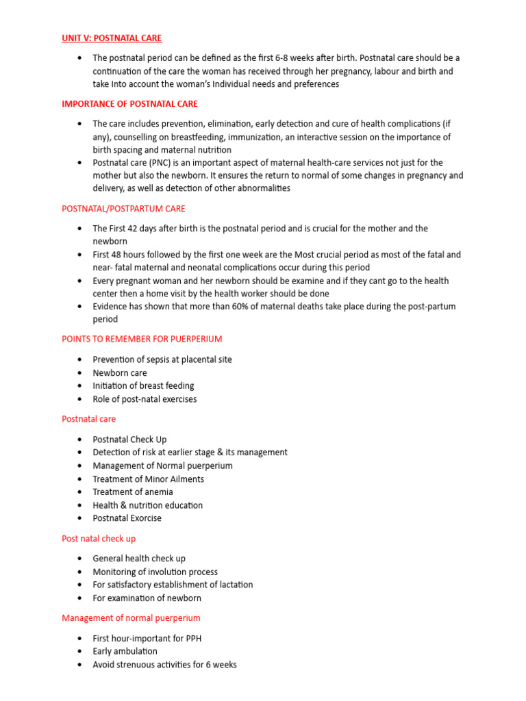 Unit V Postnatal Care | PDF