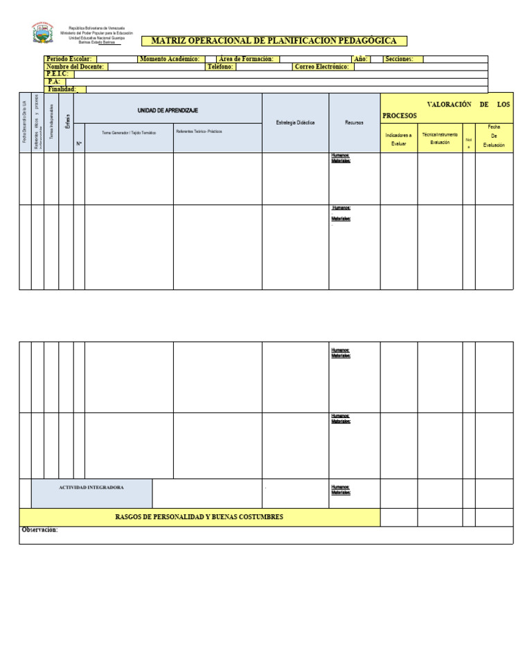 Matriz Operacional en Planificación Pedagógica | PDF | Evaluación ...