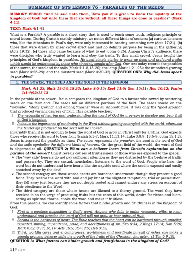 Summary of STS Lesson 76: Parables | PDF | Jesus | Christian Belief And ...