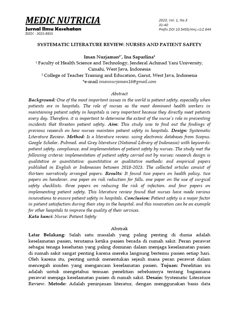 Systematic Literature Review: Nurses And Patient Safety | PDF
