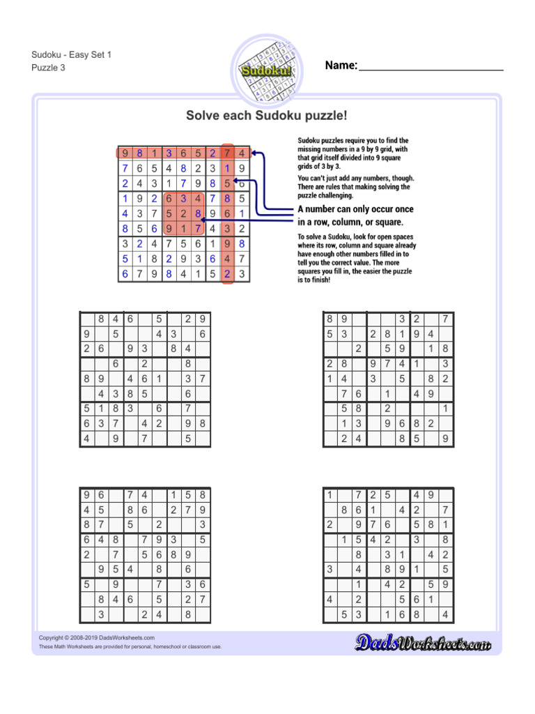 Math Worksheets - Sudoku - Sudoku - Sudoku - Easy Set 1 (Third ...