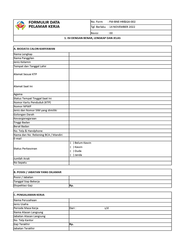Hr 002 Formulir Pelamar Kerja Pdf