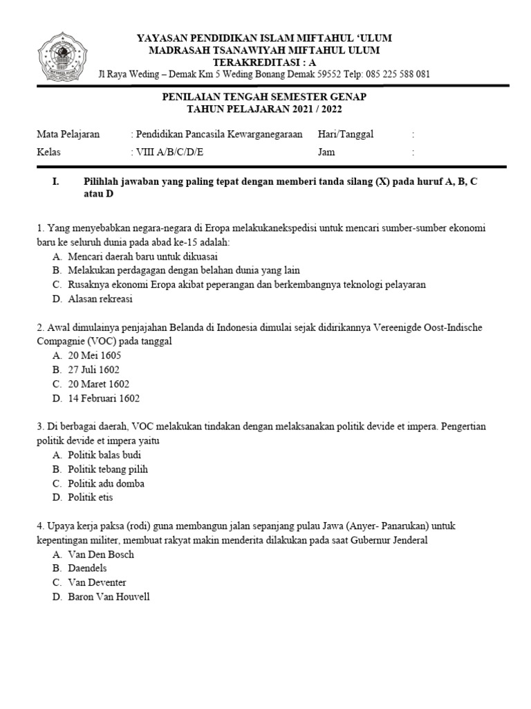 Soal PKN PTS Genap 2021 - 2022 | PDF | Ilmu Sosial | Sejarah