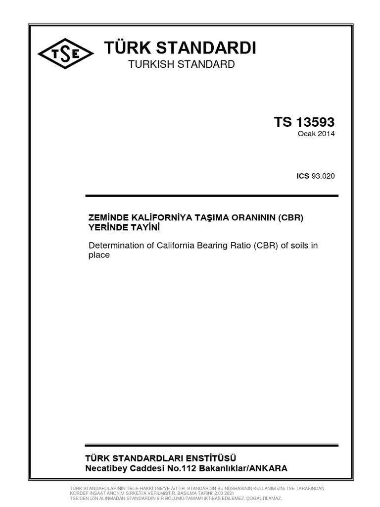 TS 13593 Ocak 2014 Yeri̇nde Taşima Gücü CBR | PDF