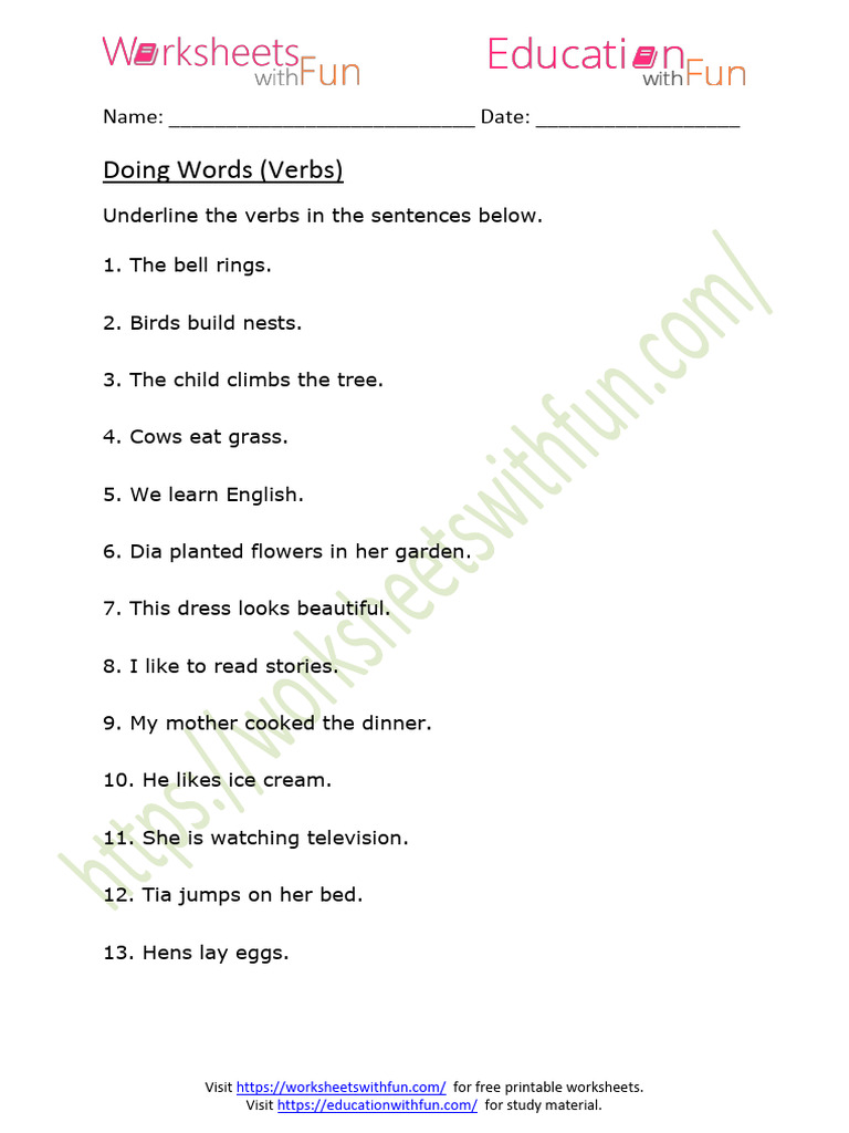 Free Printable Verbs Worksheet | PDF