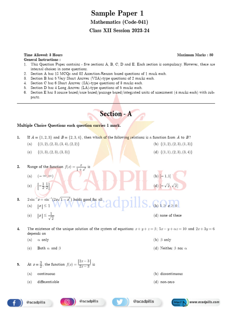 Mathematics SQP-01 2024 | PDF | Pfizer | Mathematical Analysis