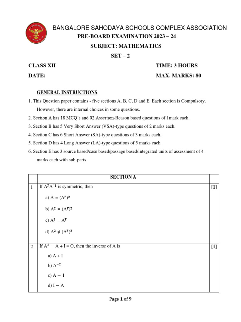 Xii Pre-Board Set-2 QP 2023-24 (Bangalore Sahodaya) | PDF | Rectangle ... Xii Pre-Board Set-2 QP 2023-24 (Bangalore Sahodaya) | PDF | Rectangle ...