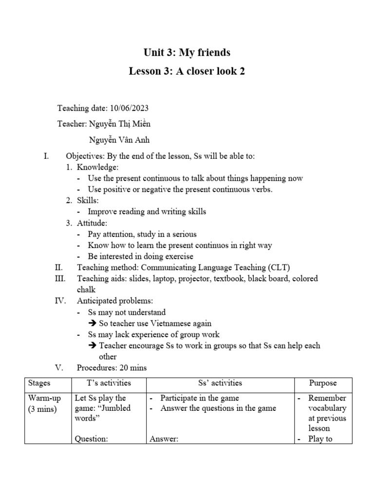 Lesson Plan - A Closer Look 2 - Unit 3 - My Friends | PDF