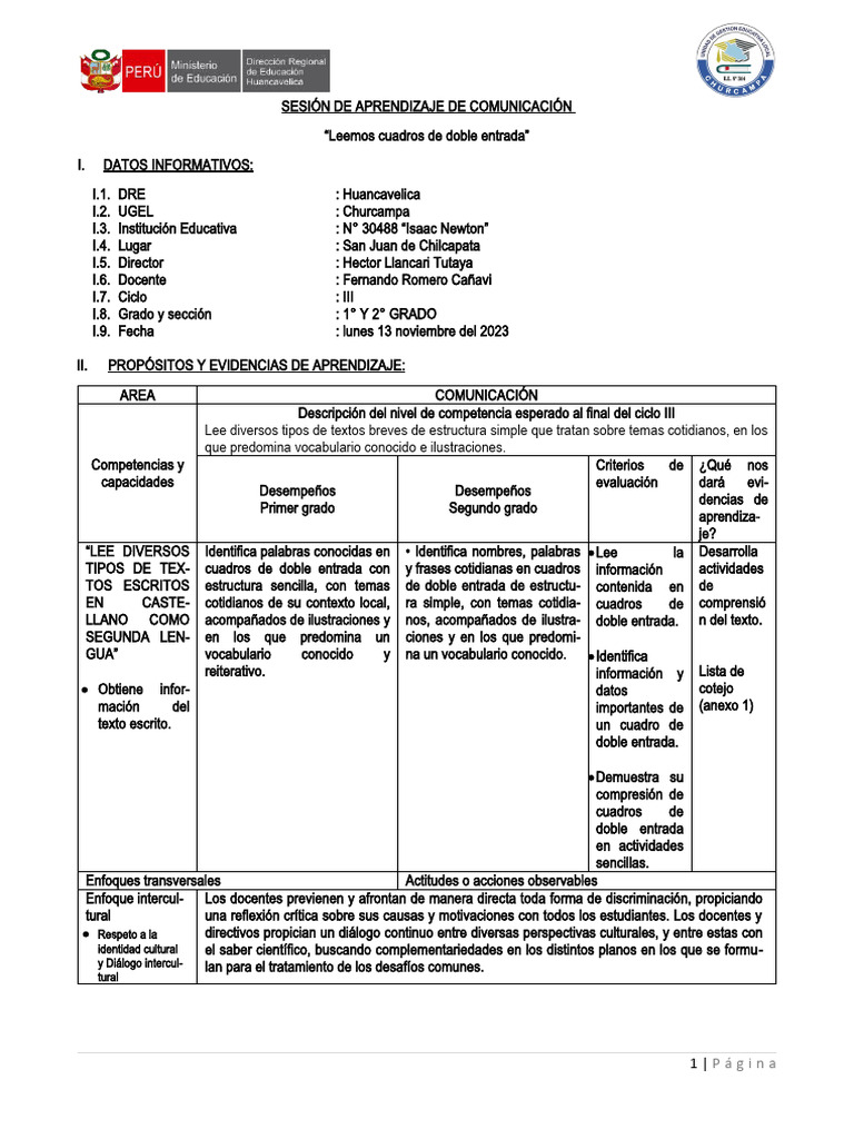SESION DE APRENDIZAJE - Leemos Cuadros de Doble Entrada | PDF | Cognición | Aprendizaje