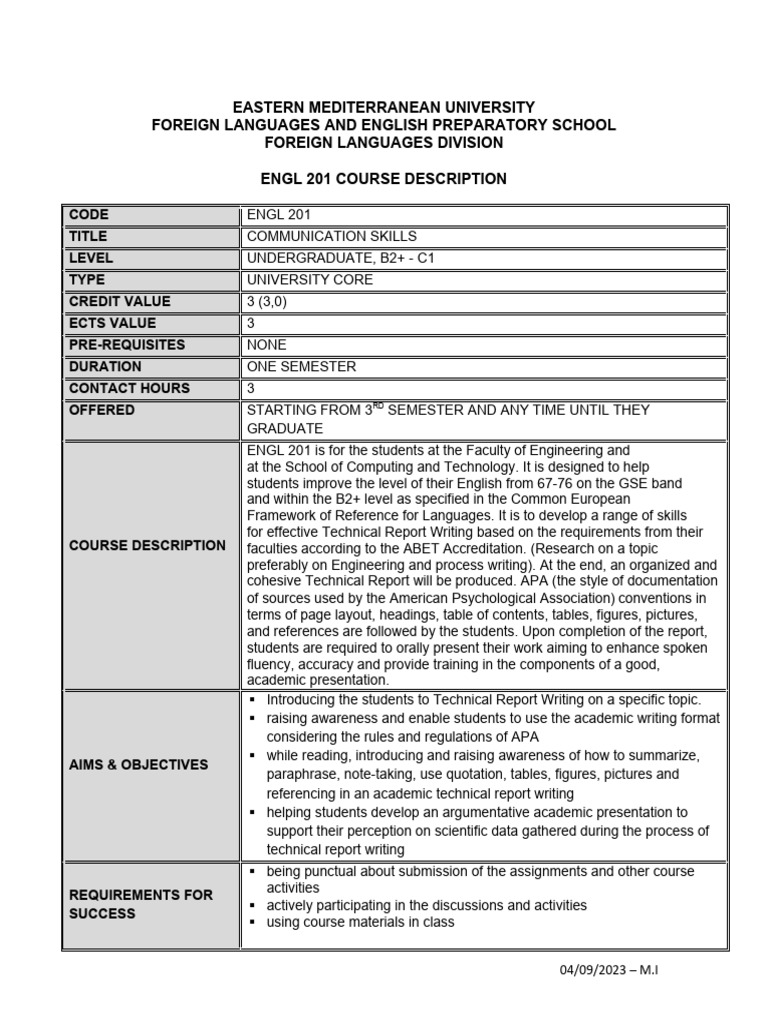 201 Course Description With Learning Objectives and Course Assessment ...