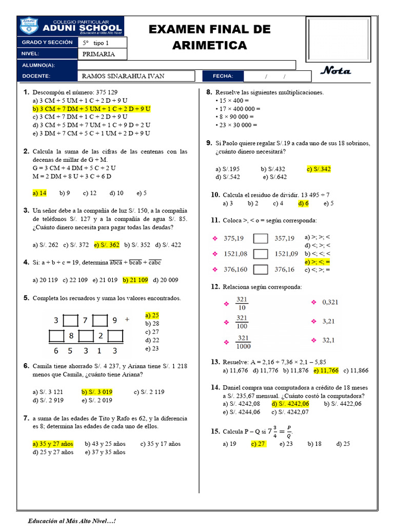 Aritmetica Final 5° | PDF | Métodos y materiales de enseñanza