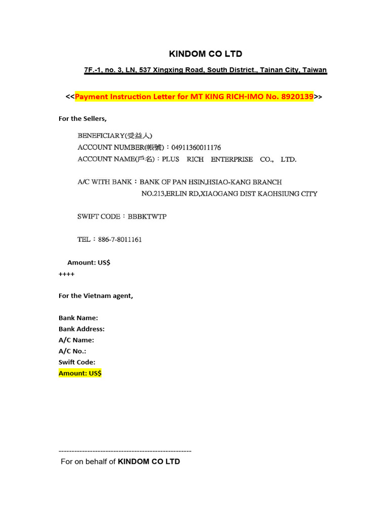 Payment Instruction Letter For MV KING RICH | PDF