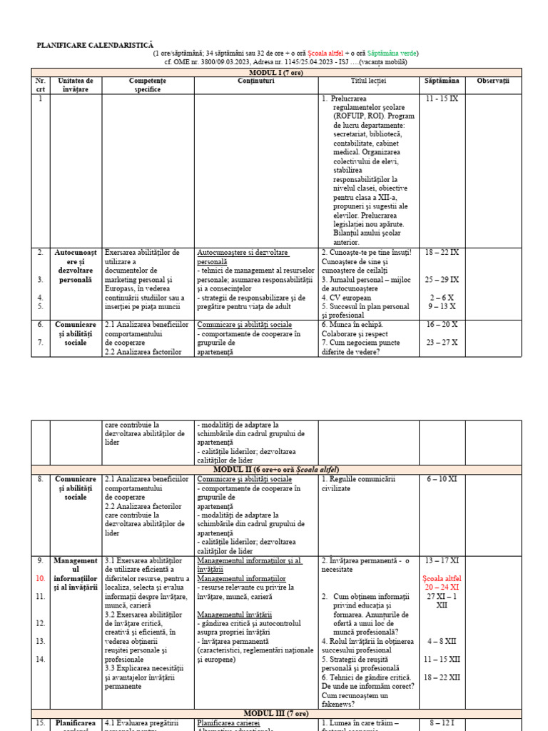 Planificare Liceu Dirigentie Module | PDF