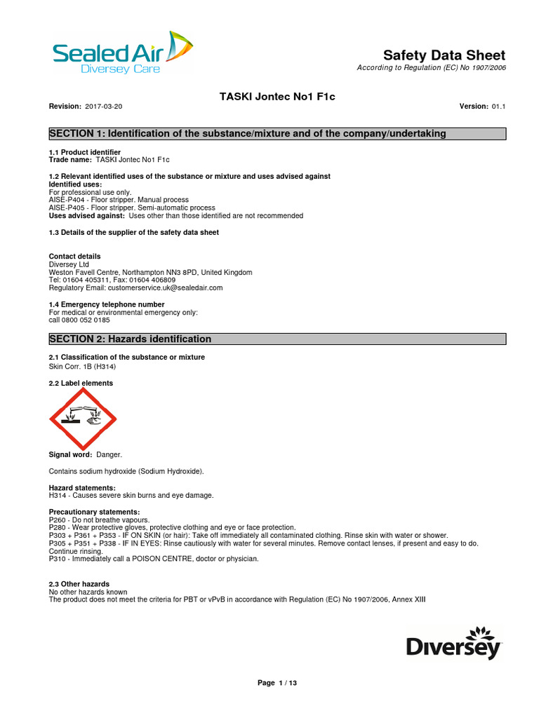 TASKI Jontec No1 F1c MSDS en | PDF | Toxicity | Personal Protective ...