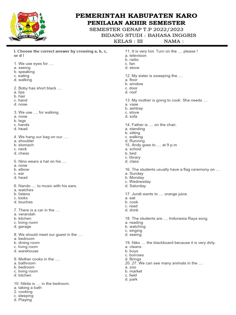 Soal Bahasa Inggris Kelas 3 Semester 1 Ter Baru | PDF
