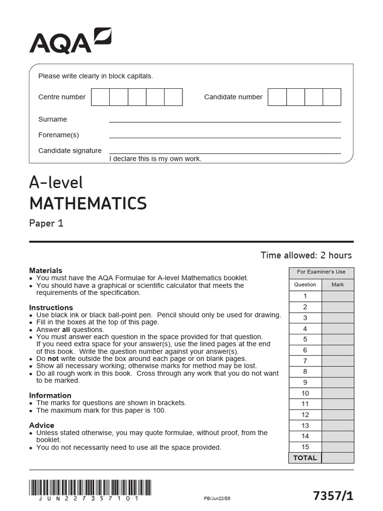A-level Mathematics Paper 1 Exam | PDF | Equations | Mathematical Analysis
