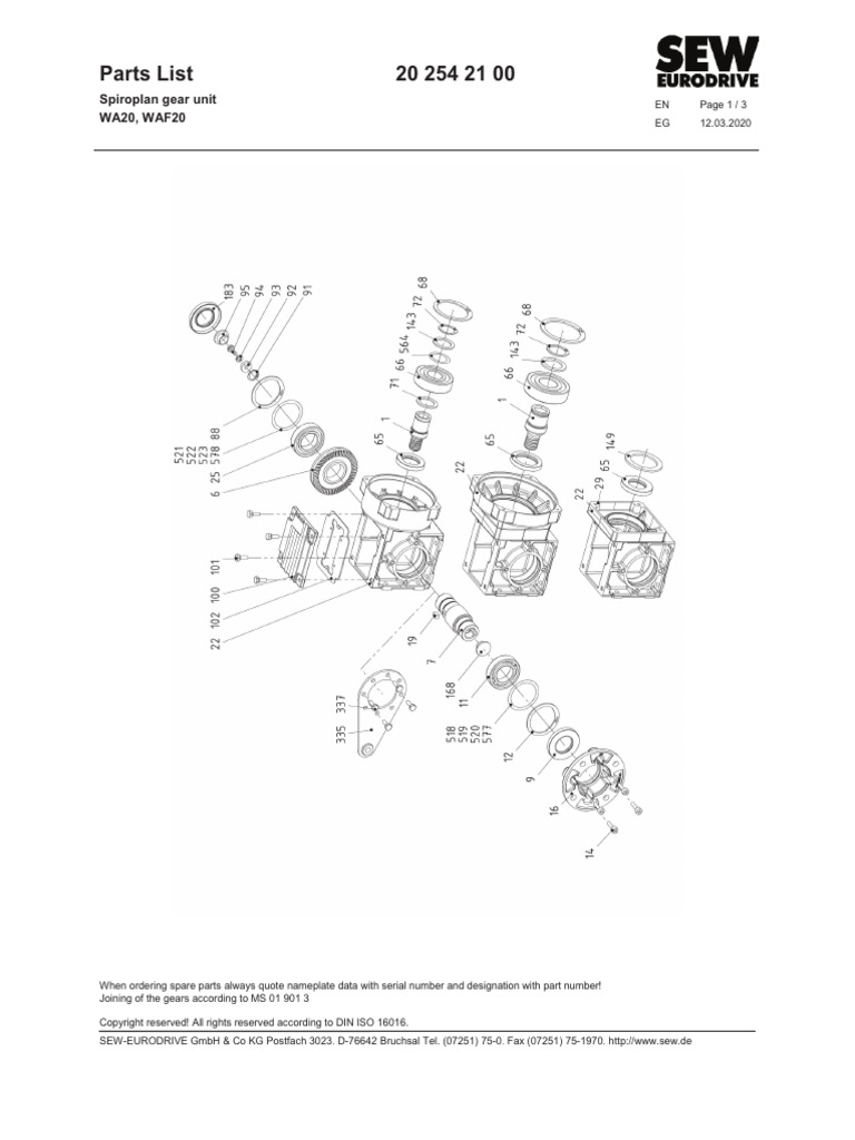 Parts List 20 254 21 00: Spiroplan Gear Unit WA20, WAF20 | PDF | Gear ...