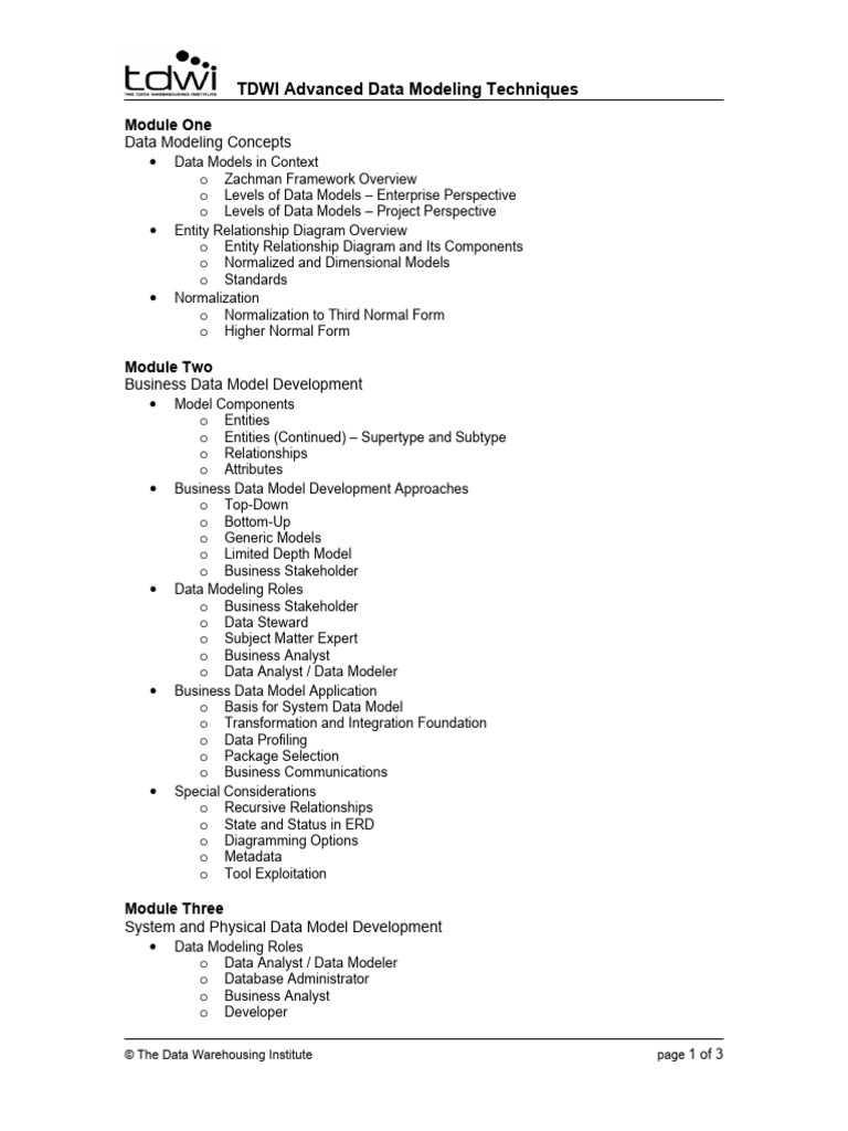 TDWI Advanced - Data Modeling - Techniques - Outline | PDF | Data ...