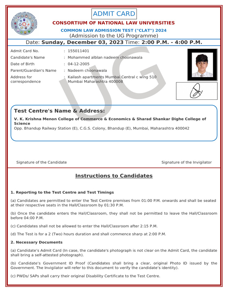 Admit Card Clat 2024 155011401 655bddec66f5a | PDF