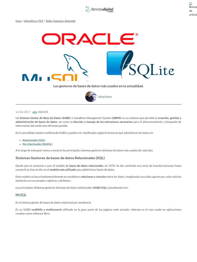 Los Gestores de Bases de Datos (SGBD) Más Usados | PDF | Bases de datos | Mi sql