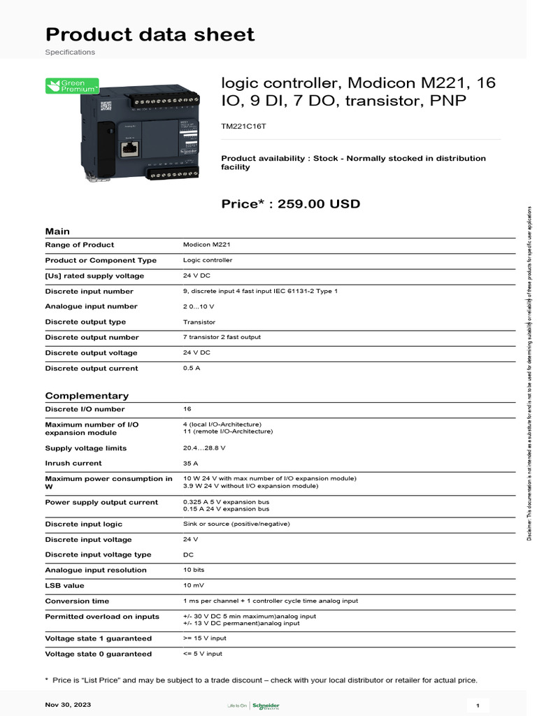 Modicon M221 Nano PLC - TM221C16T | PDF | Programmable Logic Controller | Input/Output