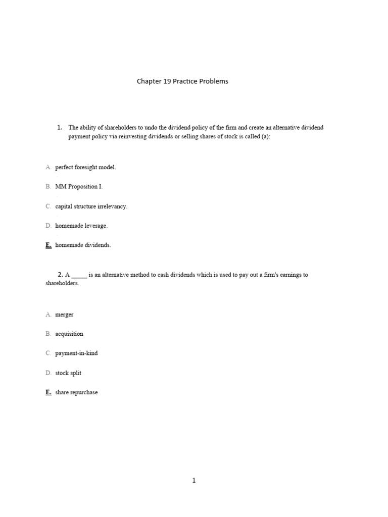 Corporate Finance - Fall 2020 - Chapter 19 Practice Problems | PDF | Dividend | Stocks