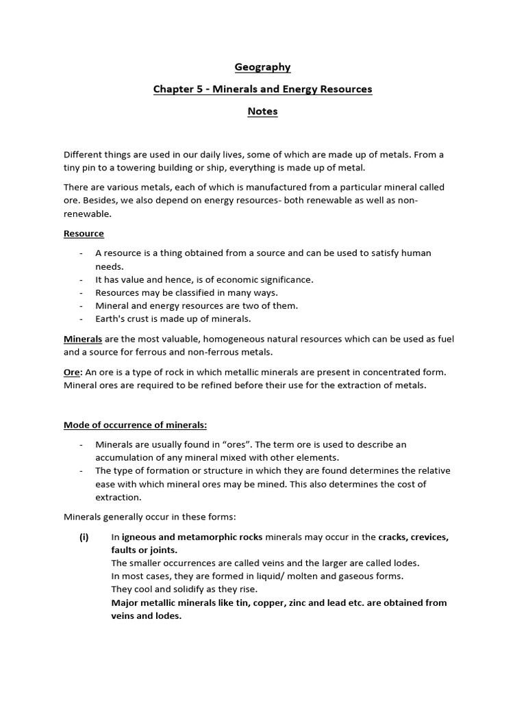 Geography Mineral and Energy Resources Notes | PDF | Iron Ore | Fuels