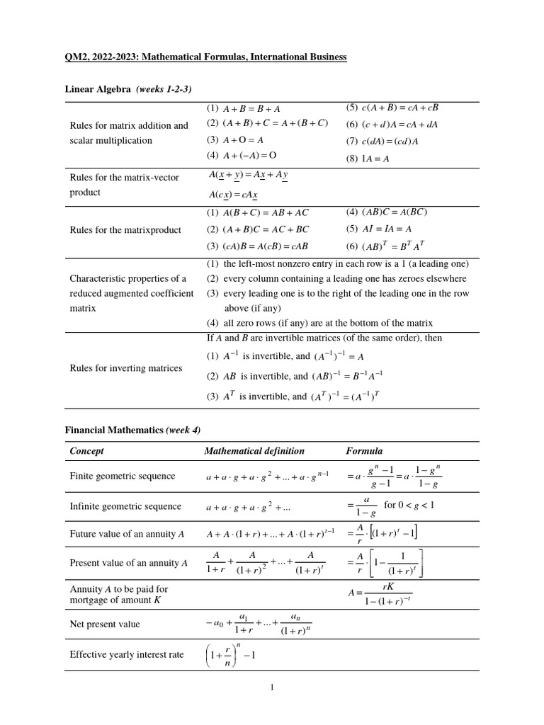 QM2 2223 Formulas Math IB | PDF | Matrix (Mathematics) | Mathematical Relations