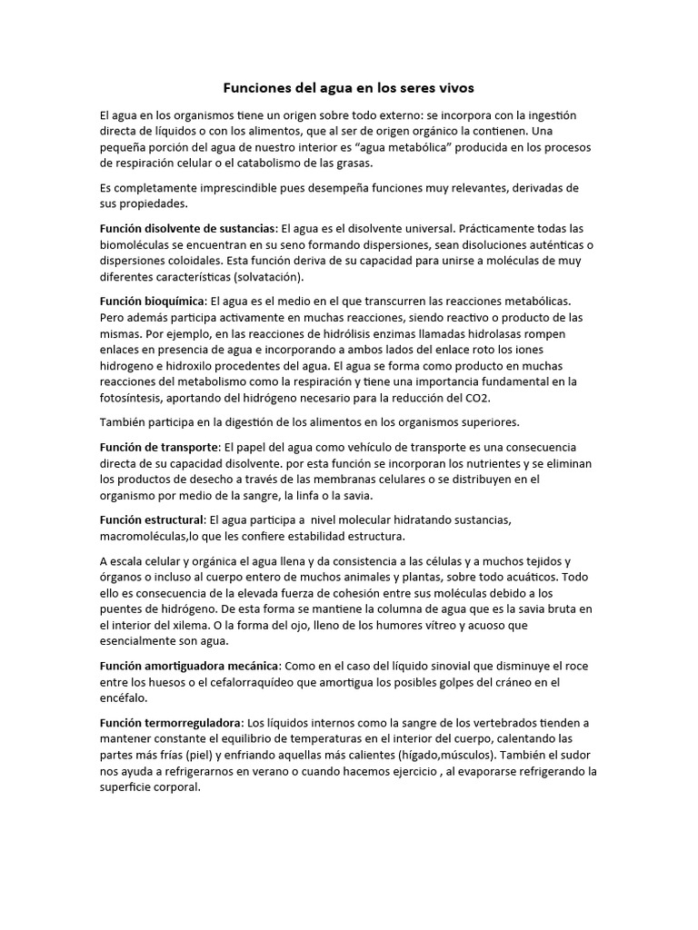 Funciones Del Agua en Los Seres Vivos | PDF | Agua | Metabolismo