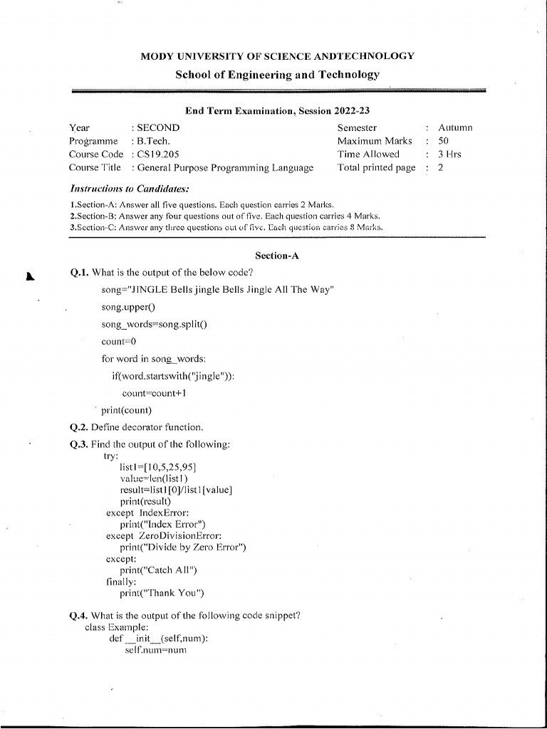 UG - End Term Examination Autumn Semester 2022-23 | PDF