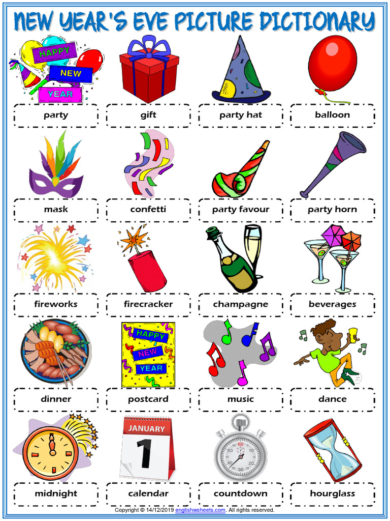 New Years Eve Vocabulary Esl Picture Dictionary Worksheet For Kids ...