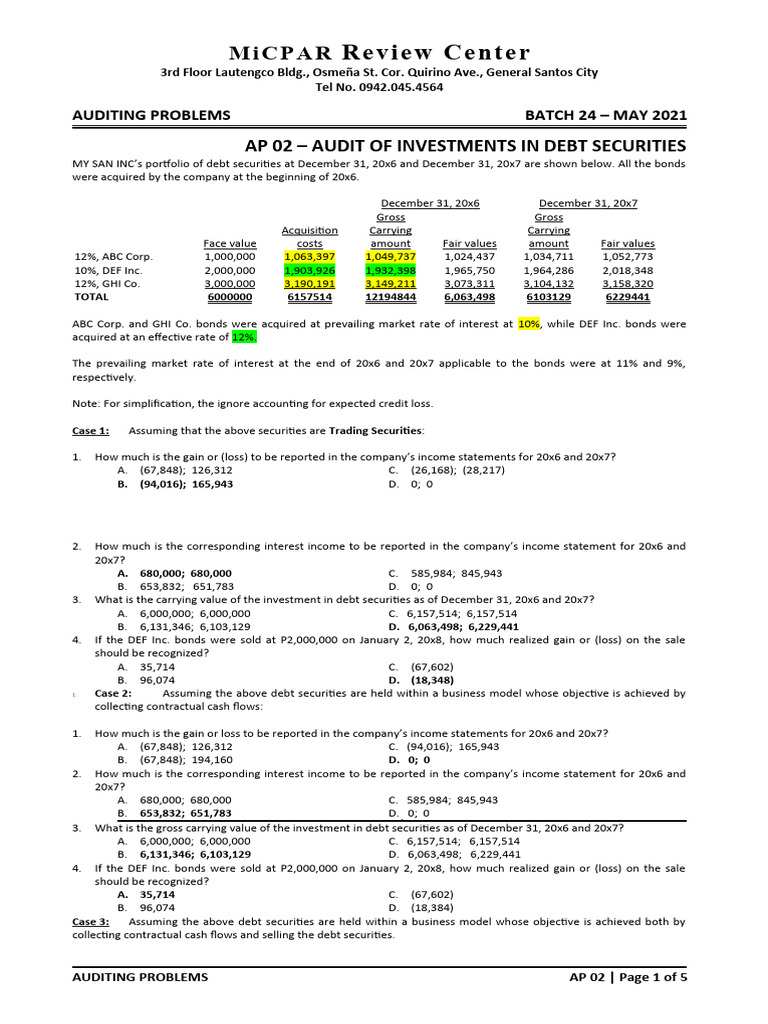 Audit of Investments in Debt Securities - Prob 1 and 2 Done | PDF ...