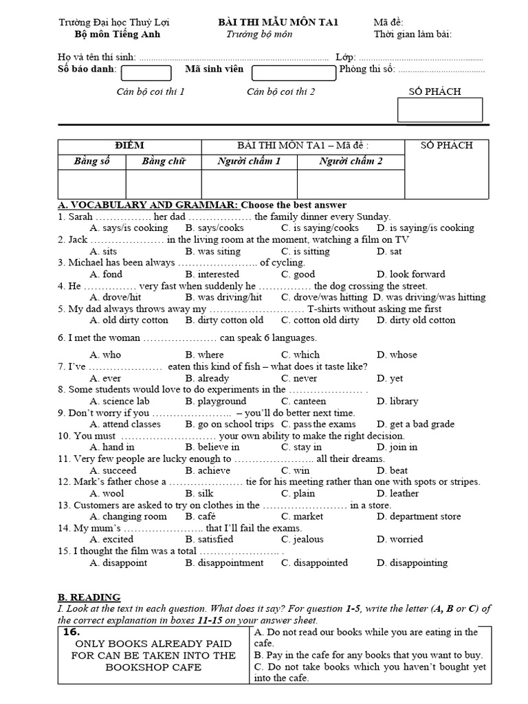 TA1-K61 TR Đi-Sample Final Test | PDF
