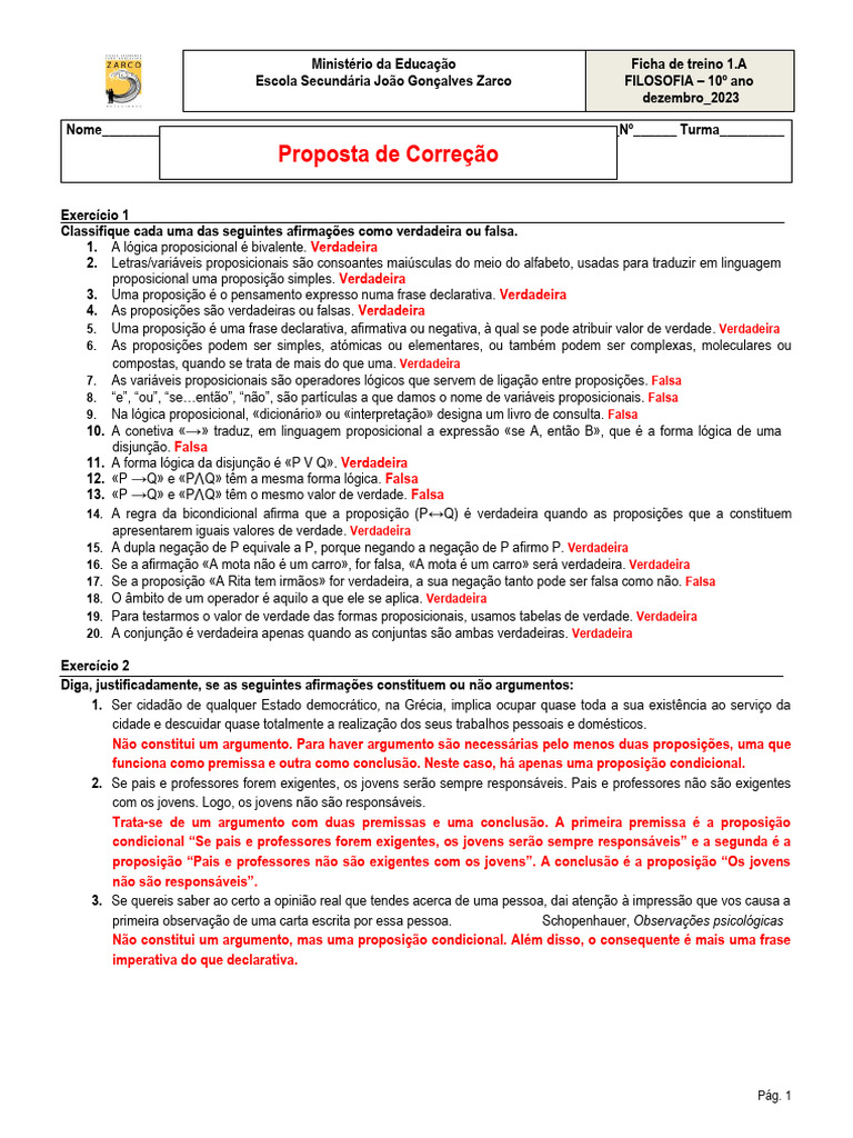 Ficha De Treino 1 A 12 2023 Proposta De Correção Download Grátis