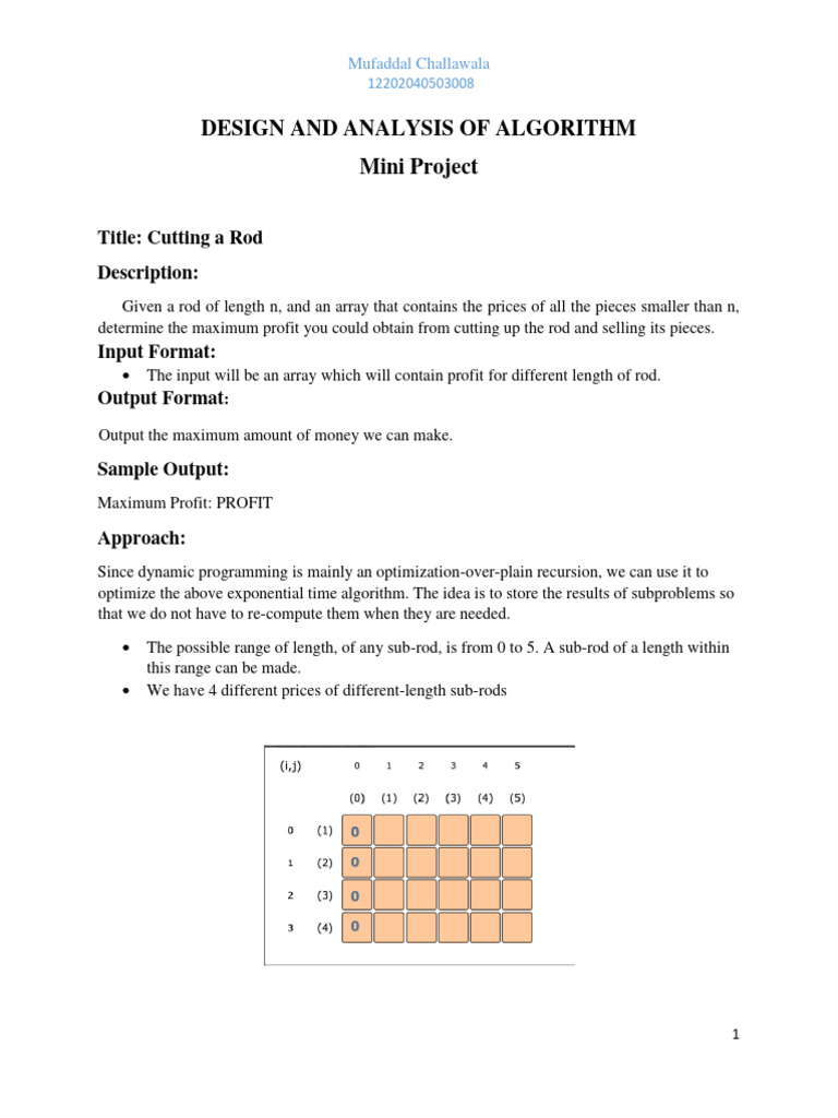 Cutting Rod Problem Mini Project Report | PDF | Dynamic Programming | Computing