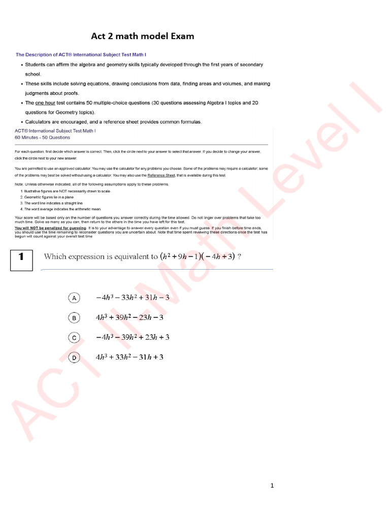 ACT II-Math Level 1-Model Exam | PDF