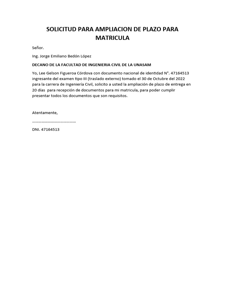 Solicitud para Ampliacion de Plazo para Matricula (I) | PDF