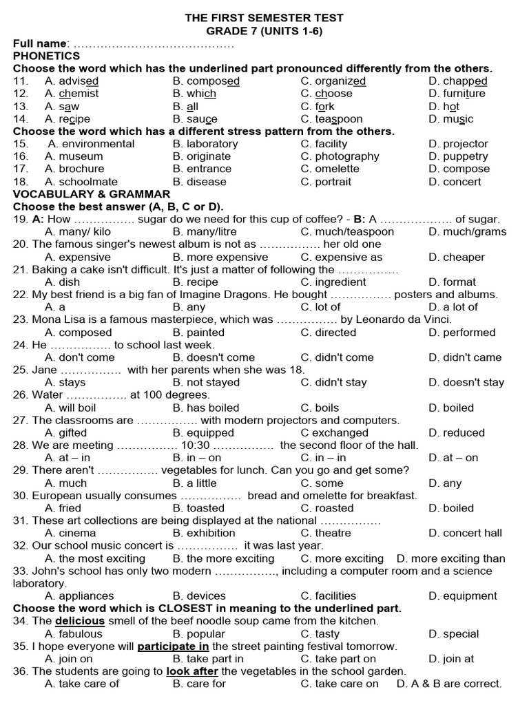 The First Semester Test - Grade 7 | PDF | Cuisine | Food And Drink