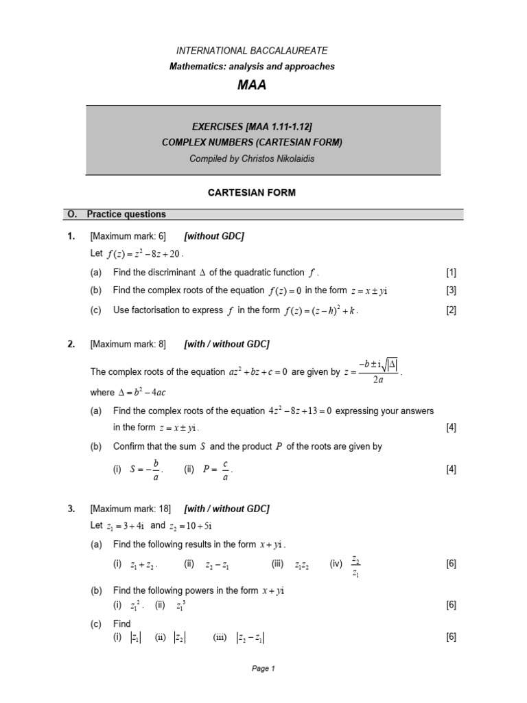 (MAA 1.11-1.12) COMPLEX NUMBERS (CARTESIAN FORM) - Eco | PDF | Teaching ...