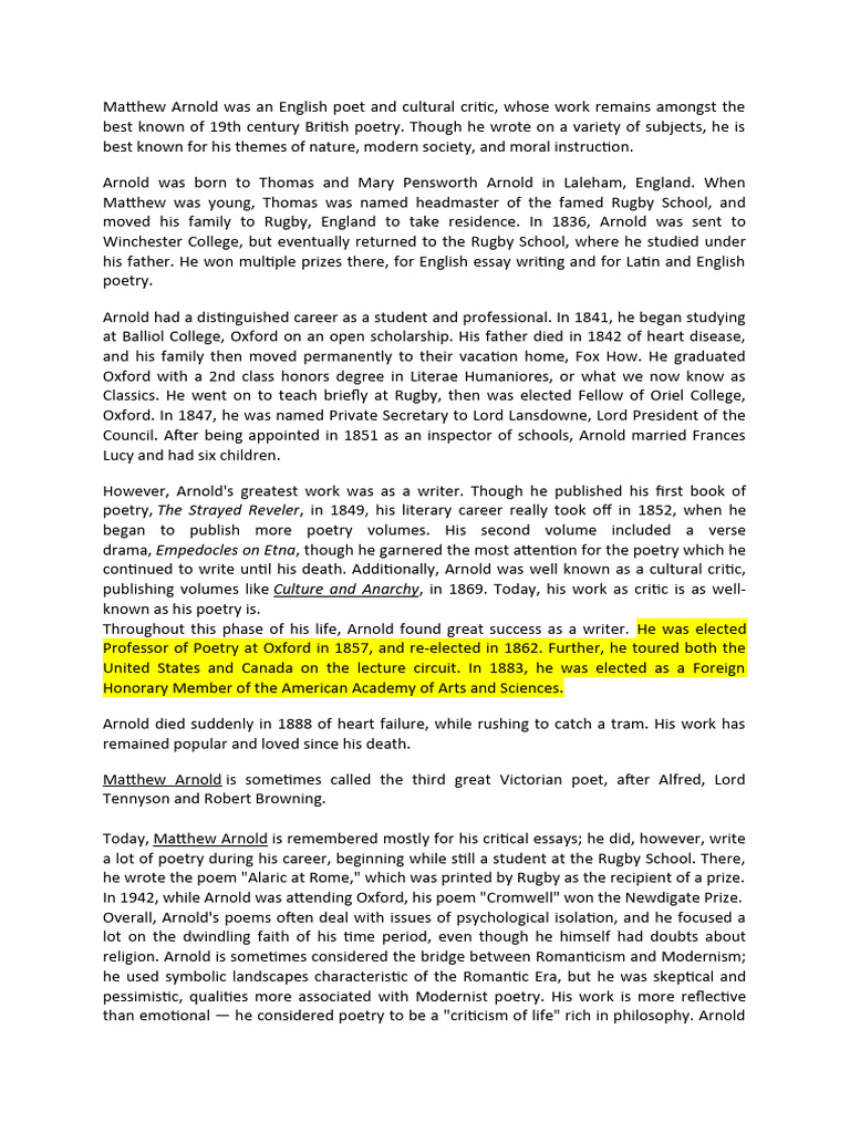 Matthew Arnold: Victorian Poet & Critic | PDF