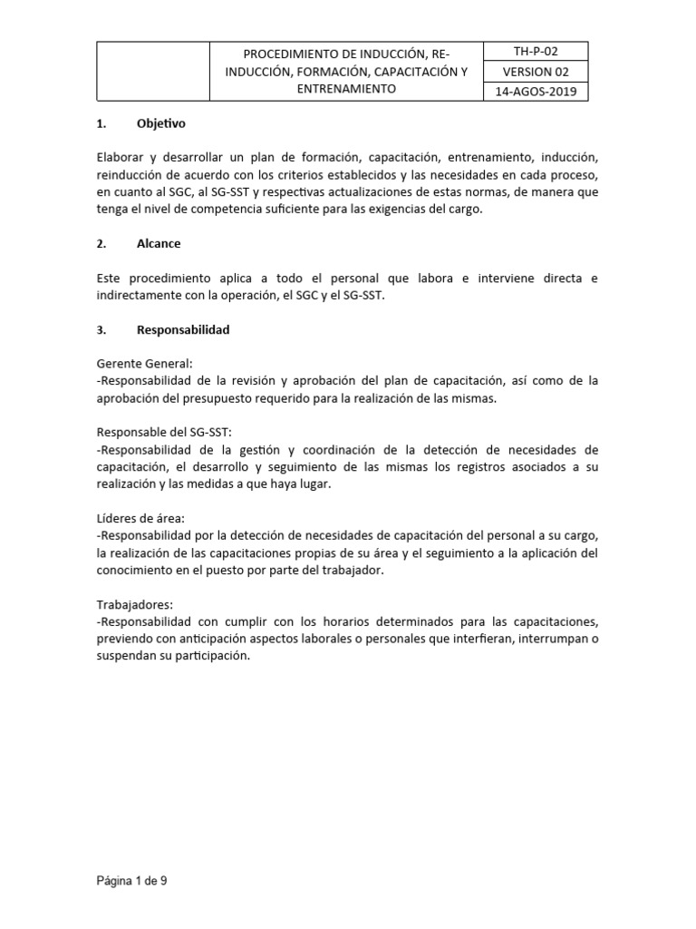 TH-P-02 Procedimiento de Inducción, Re-Inducción, Formación, Capacitación y Entrenamiento | PDF ...