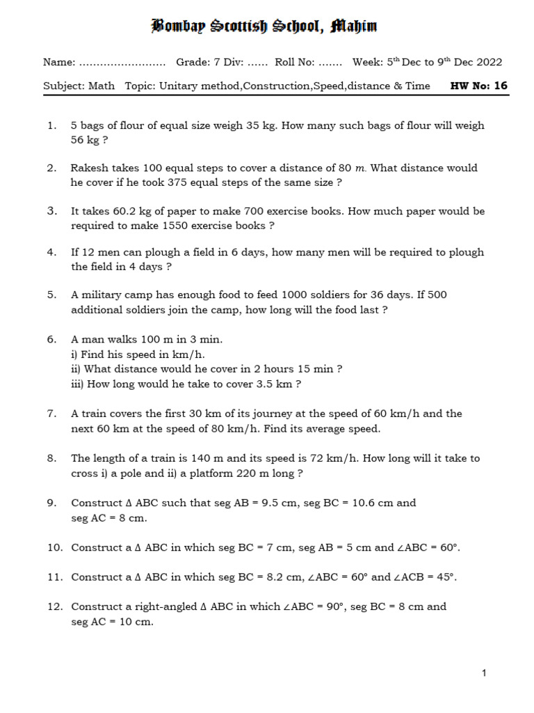 Grade 7 Math Homework: Unitary Method & Speed | PDF