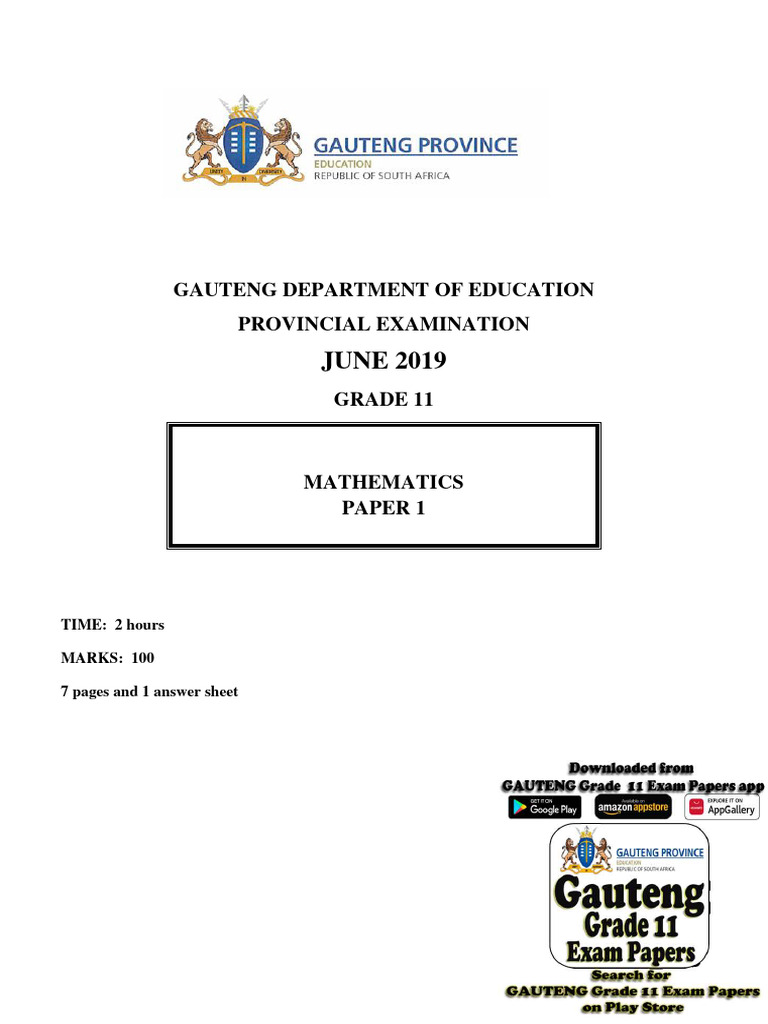 Grade 11 Provincial Exam Mathematics P1 (English) June 2019 Question ...