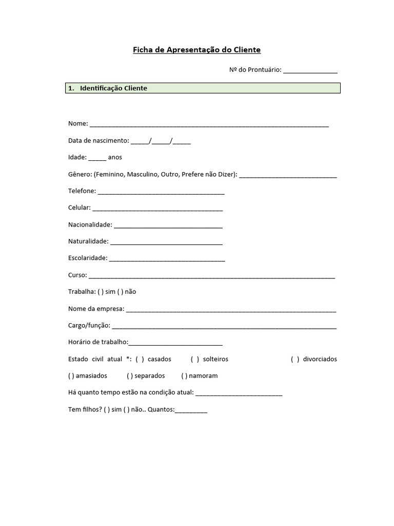 Ficha de Apresentação (Cliente) #Do Prontuário | PDF | Psicologia