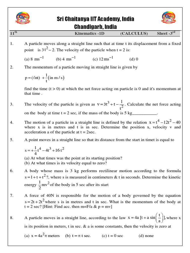 Kinematics Calculus Problems Class 11 | PDF | Velocity | Acceleration